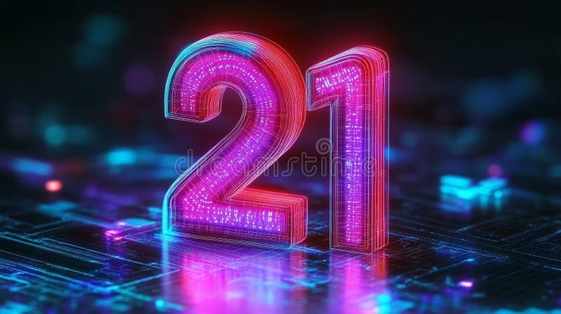 Glowing Digital Number 21 on Futuristic Circuit Board Background ...