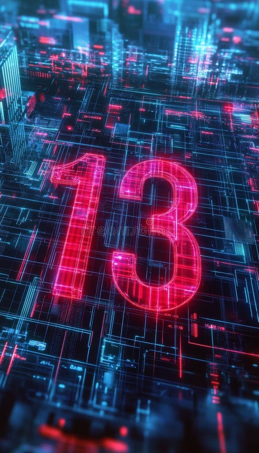 Glowing Digital Number 13 in Futuristic Style on Abstract Circuit Board ...