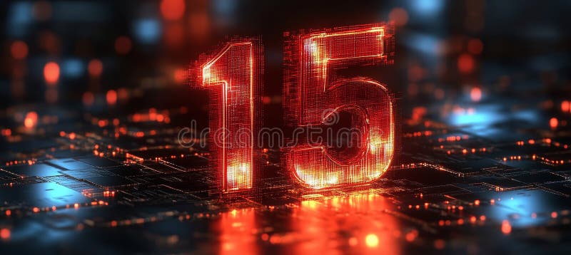 Glowing Digital Number 15 in Futuristic Style on Abstract Technology ...