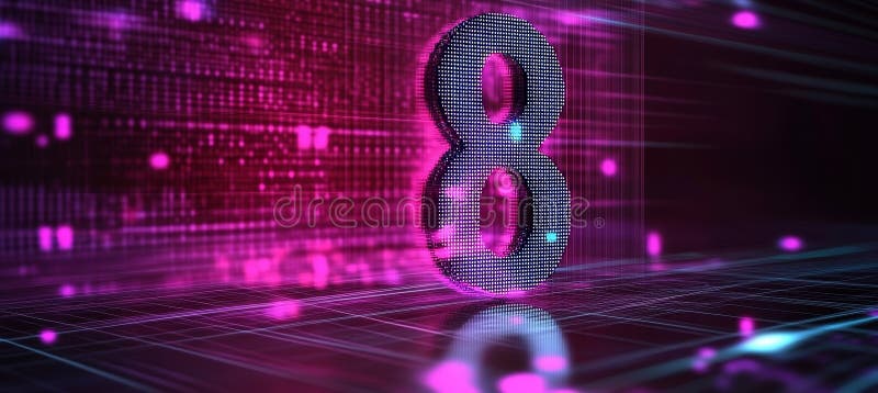 Glowing Digital Number 8 in Futuristic Style on Purple Blue Technology ...