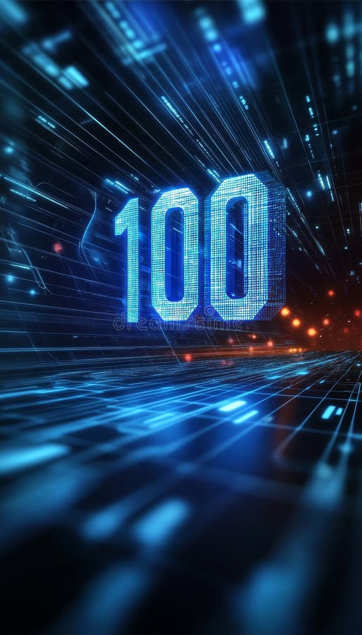 Glowing Digital Number 100 on Futuristic Technology Background ...