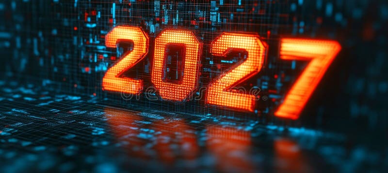 Glowing Digital Number 2027 in Retro Futuristic Style on Abstract ...