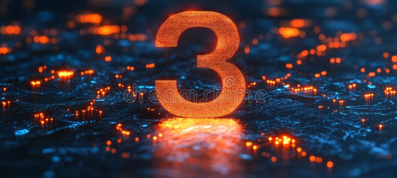 Glowing Digital Number Three on Shiny Abstract Surface with Particle ...