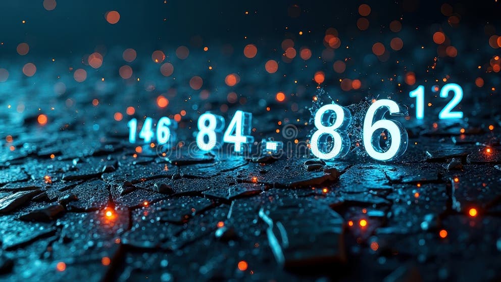 Glowing Digital Numbers on Cracked Surface with Orange Sparks Stock ...