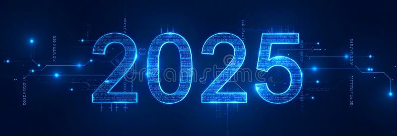 Glowing Digital Numbers for 2025 on a Dark Background with a High-tech ...