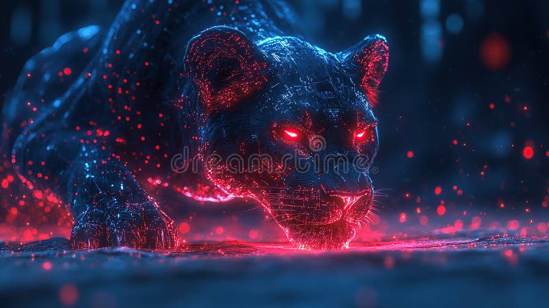 Glowing Digital Panther Crouching in Dark Forest, Red and Blue Light ...