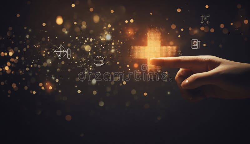 Glowing Digital Plus Icon Hand Touch Futuristic High Quality Image ...