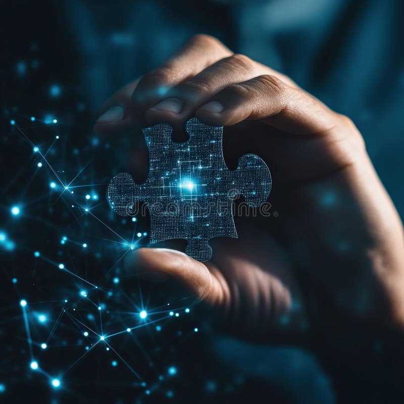 Hand Holding Glowing Digital Puzzle Piece in Dark Setting Stock Photo ...