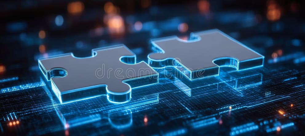Glowing Digital Puzzle Pieces Interlocking Seamlessly on Abstract ...