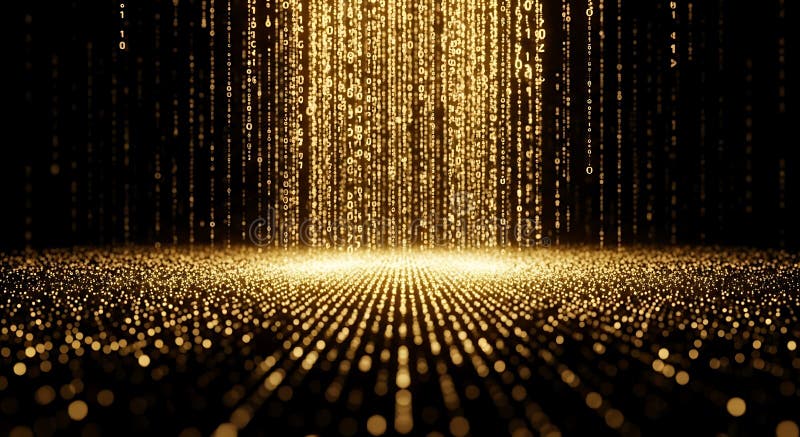 Glowing Digital Rain of Binary Code, with Numbers Cascading Vertically on a Black Stock ...