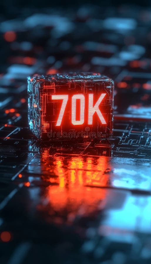 Glowing Digital Red Number 70K in Futuristic Cyber Cube on Abstract ...