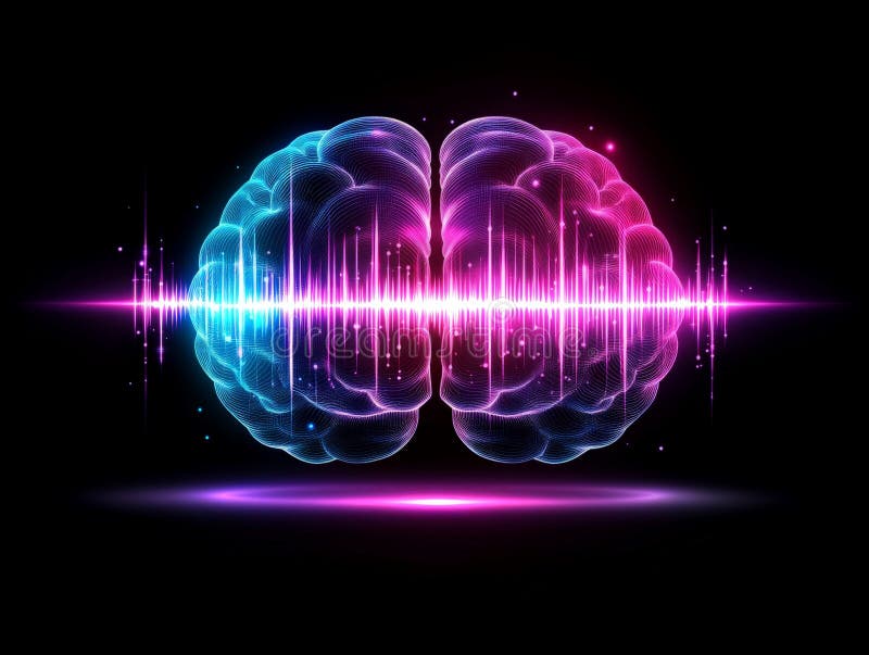 Glowing Digital Rendering of a Human Brain Encased in Soundwave ...