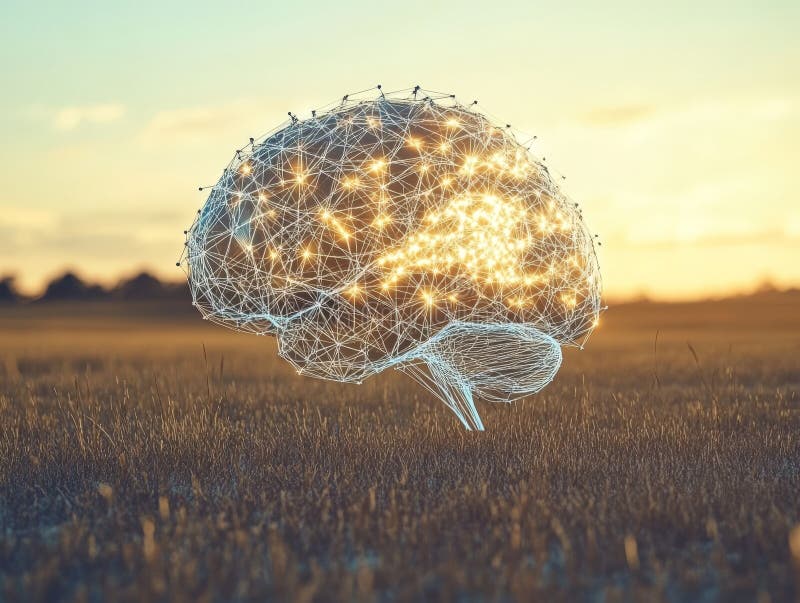 A Glowing Digital Rendering of a Human Brain Set in a Vast Rural ...