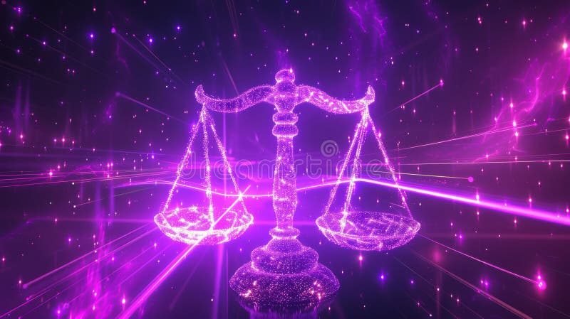 Glowing Digital Scale of Justice in Purple Hues Stock Image - Image of ...