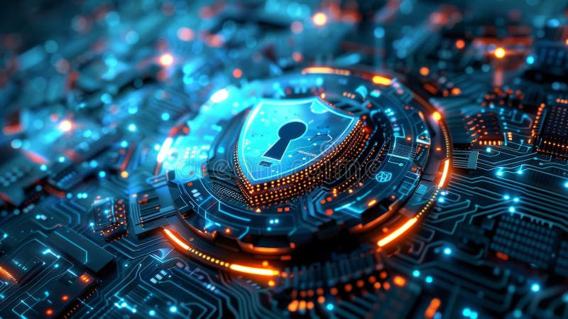 Digital Security Shield on a Circuit Board Illuminated with Blue and ...