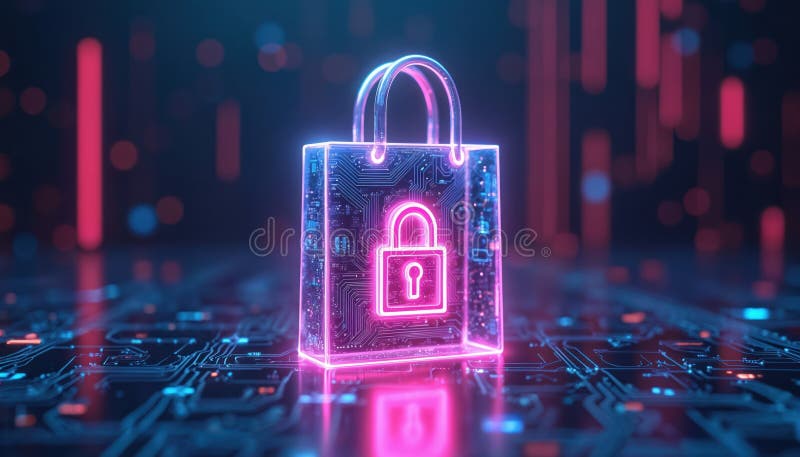 Glowing Digital Shopping Bag with Lock E-commerce Security, Online ...