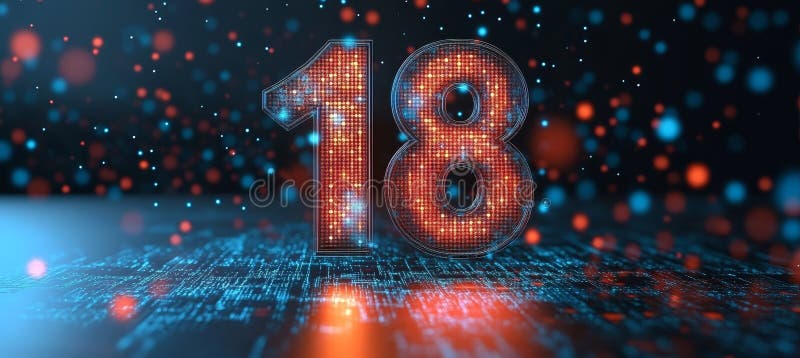 Glowing Digital Single Big 3D Number 18 in Futuristic Style on a ...