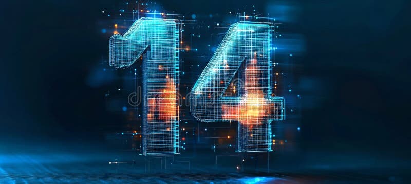Glowing Digital Single Big Number 14 in Futuristic Style on Digital ...