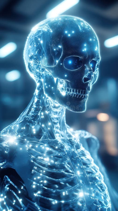 Glowing Digital Skeleton with Blue Eyes and Intricate Details Stock ...