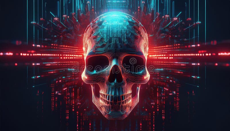 Glowing Digital Skull Formed from Binary Code, Floating Ominously in ...