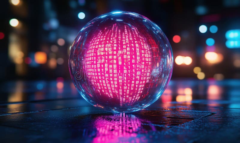 Glowing Digital Sphere with Binary Code in Futuristic Urban Environment at Night Stock Image ...