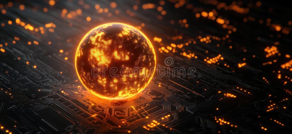 Glowing Digital Sphere on Circuit Board Background with Orange Light ...