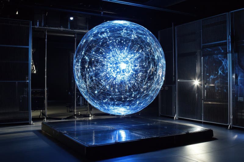 Digital Sphere with Network Patterns Illuminated in a Modern Exhibition ...