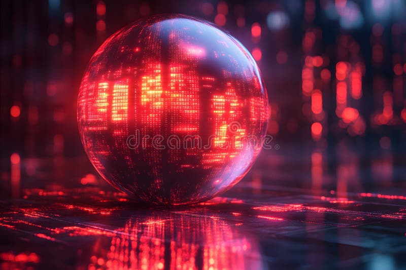 Futuristic Digital Sphere in Neon Red Light on Reflective Surface for ...
