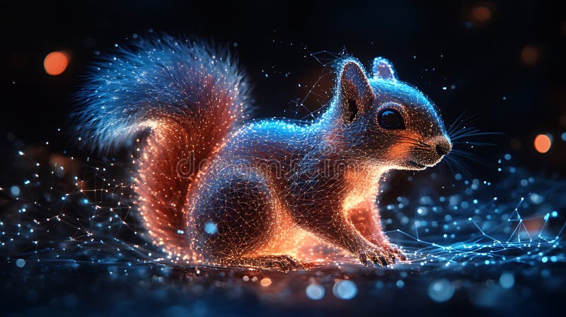 A Glowing, Digital Squirrel with a Fluffy Tail and Bright Eyes Against a Dark, Bokeh Background ...