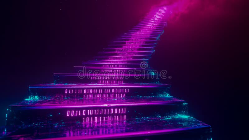 Glowing Digital Staircase with Binary Code Flowing Upward Stock ...