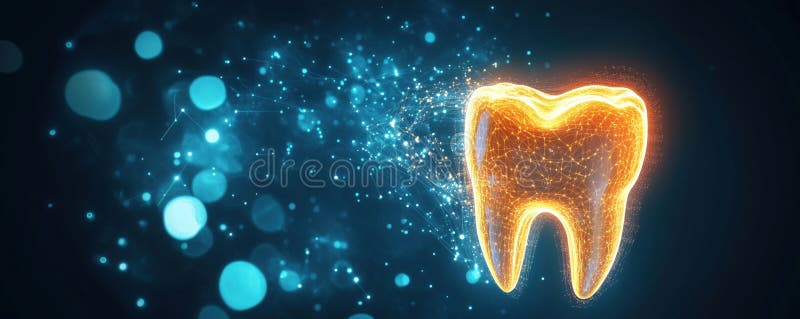 Glowing Digital Tooth Illustration with Abstract Blue Background and ...