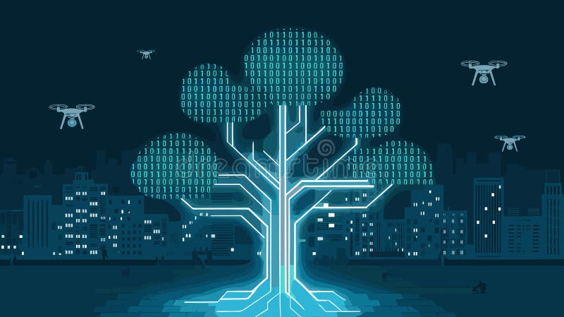 Glowing Digital Tree with Binary Code Illuminating Cityscape. Stock ... Glowing Digital Tree with Binary Code Illuminating Cityscape. Stock ...