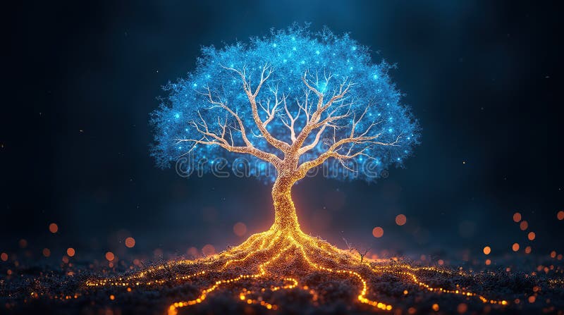 Glowing Digital Tree with Blue Leaves and Bright Orange Roots Stock ...