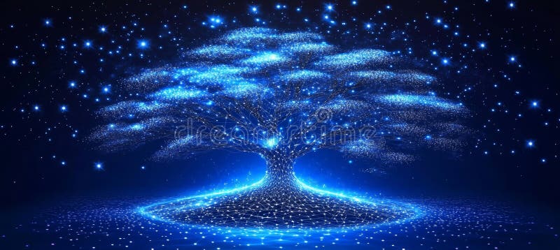 Glowing Digital Tree on Blue Technology Background Abstract Concept of ...