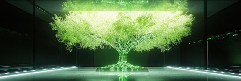 Glowing Digital Tree in Futuristic Setting with Neon Green Light ...