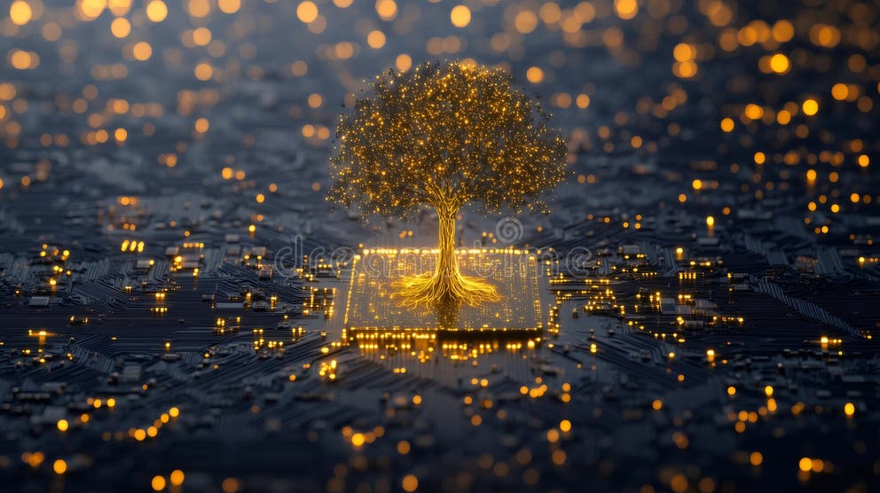 Glowing Digital Tree Growing on Microchip, Symbolizing Technological ...