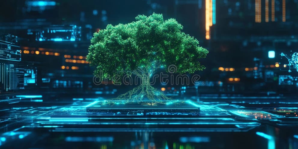 Glowing Digital Tree with Neuron Network Roots, Futuristic Technology ...