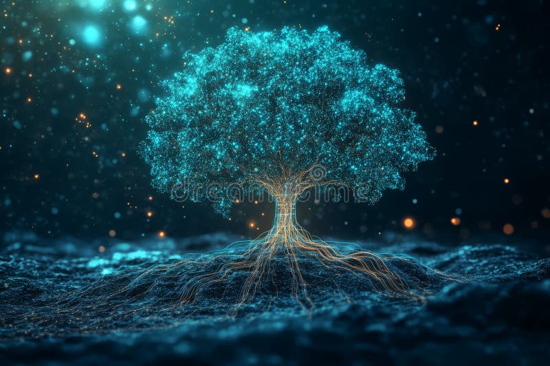 Glowing Digital Tree with Roots Stock Illustration - Illustration of ...