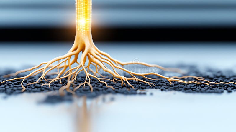 Glowing Digital Tree Roots Growing from Circuit Board Surface in ...