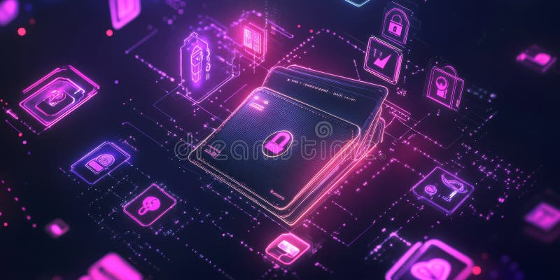 Glowing Digital Wallet Concept Surrounded by Neon Security Icons in a ...