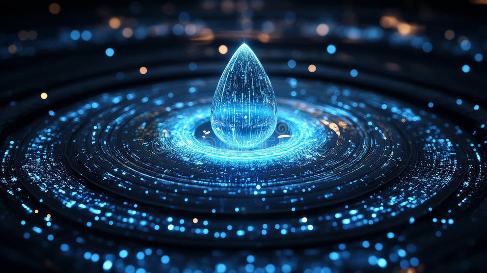 Glowing Digital Water Drop Floating on Futuristic Platform Stock Image ...