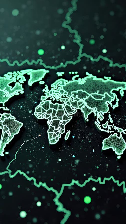Glowing Digital World Map on Black Background with Neon Green Accent ...