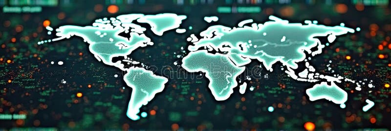 Glowing Digital World Map on Cyber Background with Data Points Stock ...