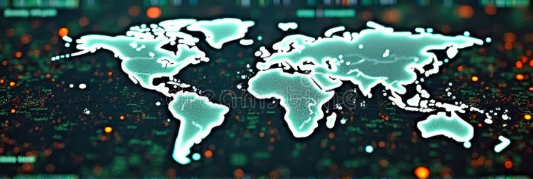 Glowing Digital World Map on Cyber Background with Data Points Stock ...