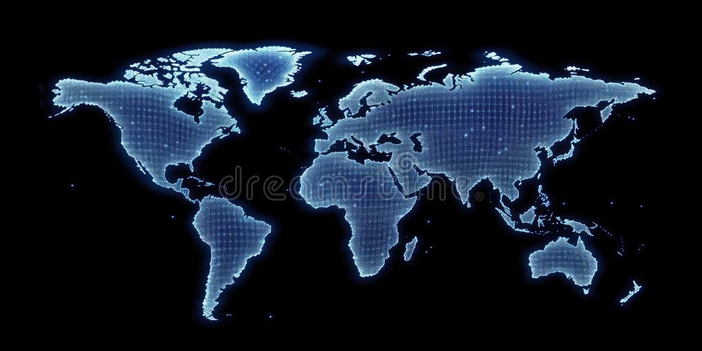Digital World Map on a Dark Background with Sparkling Light Points ...
