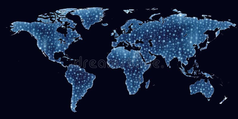 Digital World Map on a Dark Background with Sparkling Light Points ...