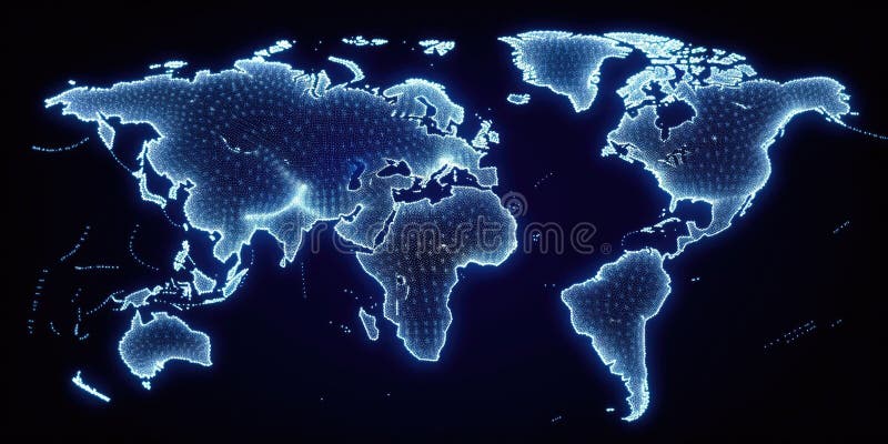 Digital World Map on a Dark Background with Sparkling Light Points ...