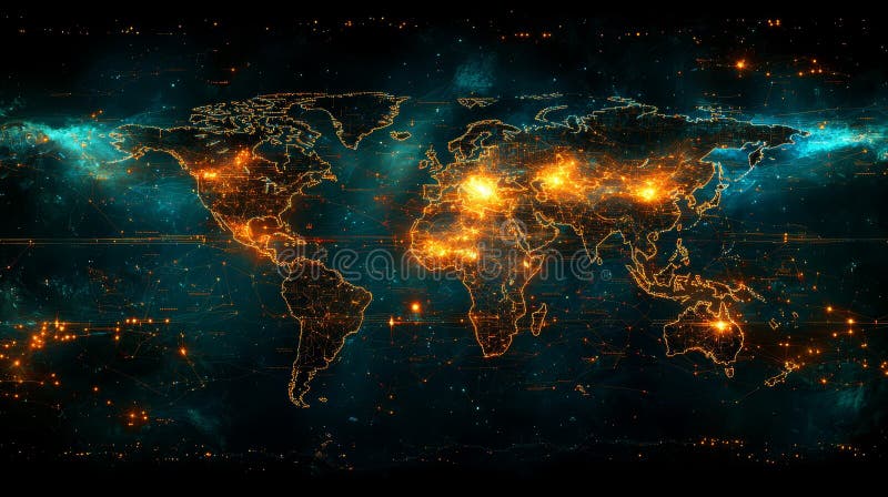 Glowing Digital World Map with Data Connections Stock Illustration ...