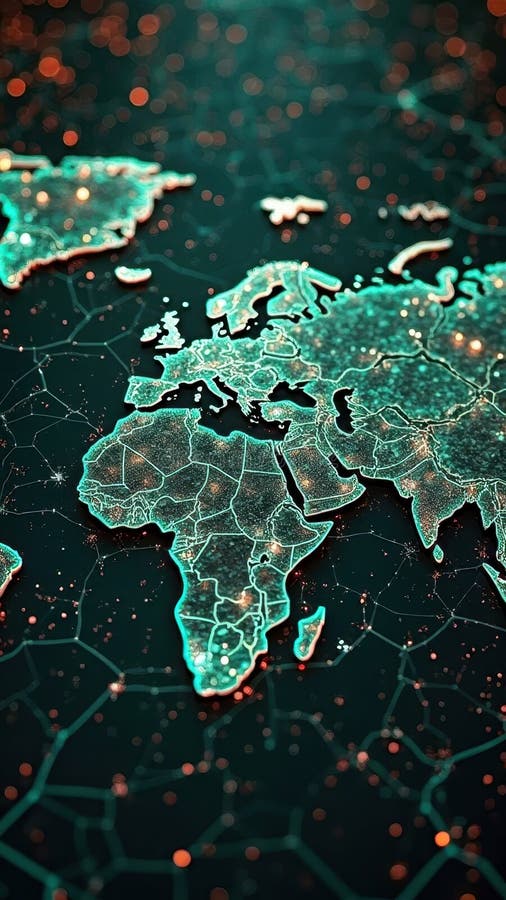 Glowing Digital World Map with Highlighted Countries and Network ...