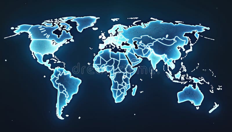 Glowing Digital World Map with Interconnected Countries. Blue Planet Representing Global ...